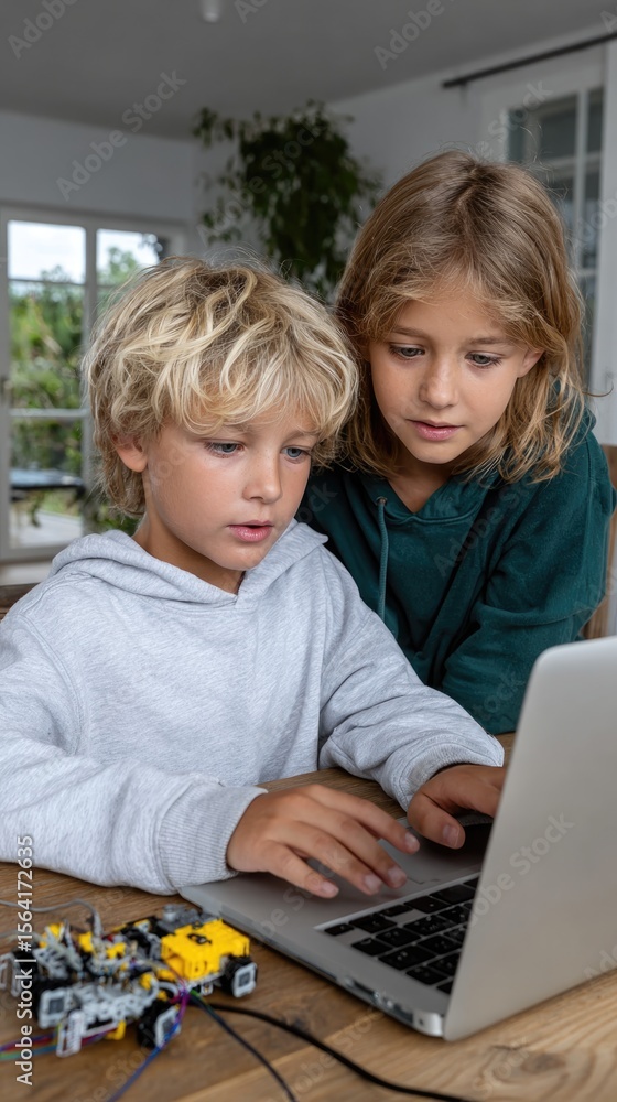 Two children are focused intently on a laptop as they learn programming ...
