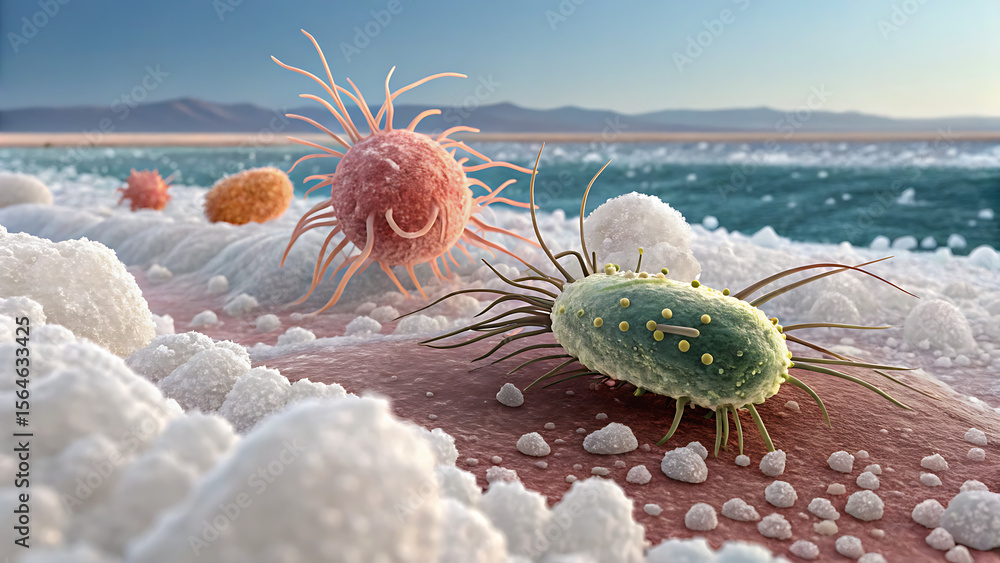 Microscopic view of bacteria cells and virus germs on surface for ...