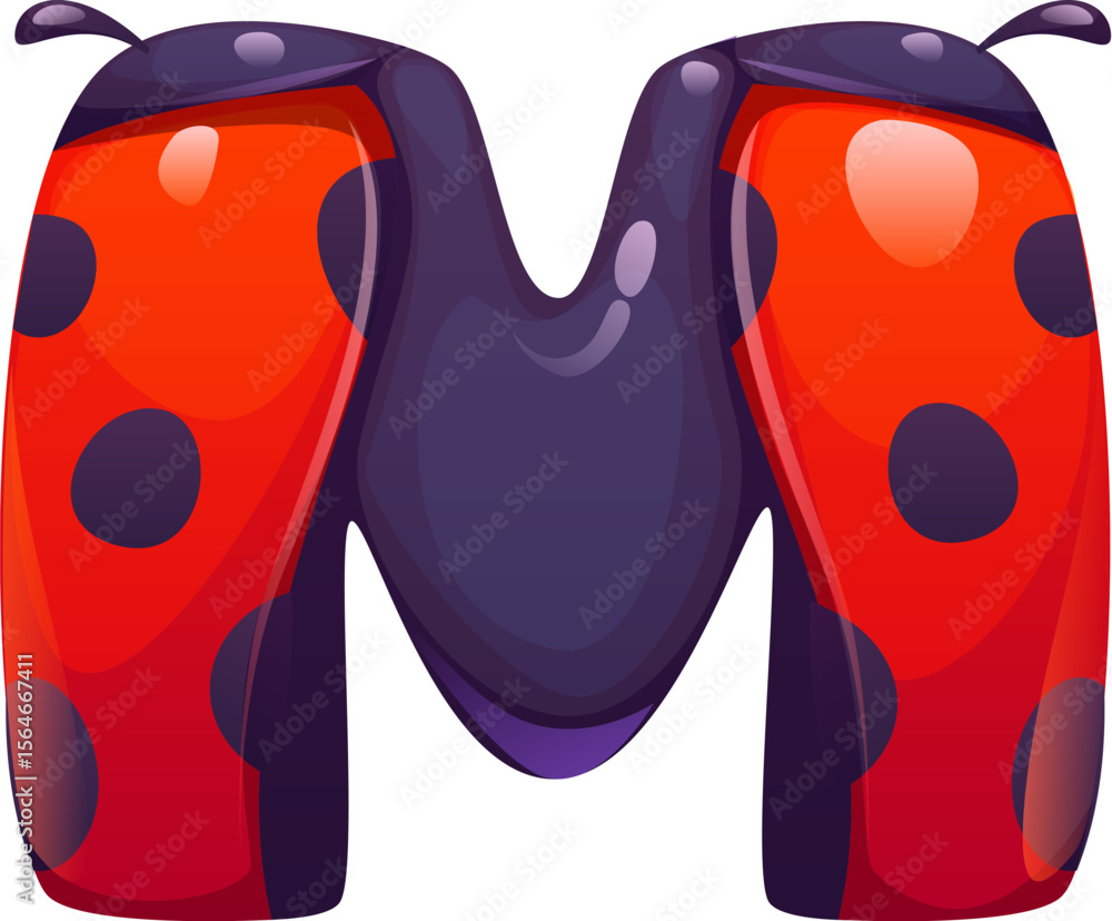 Ladybug cartoon font letter M. Cute ladybug beetle kids ABC type sign ...