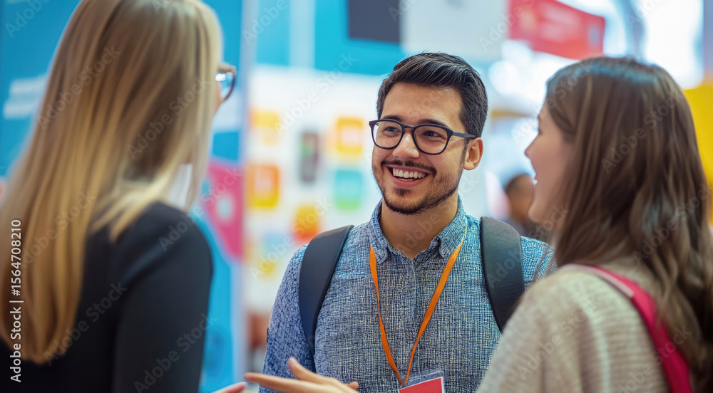 Young professionals networking at a business event with colorful ...