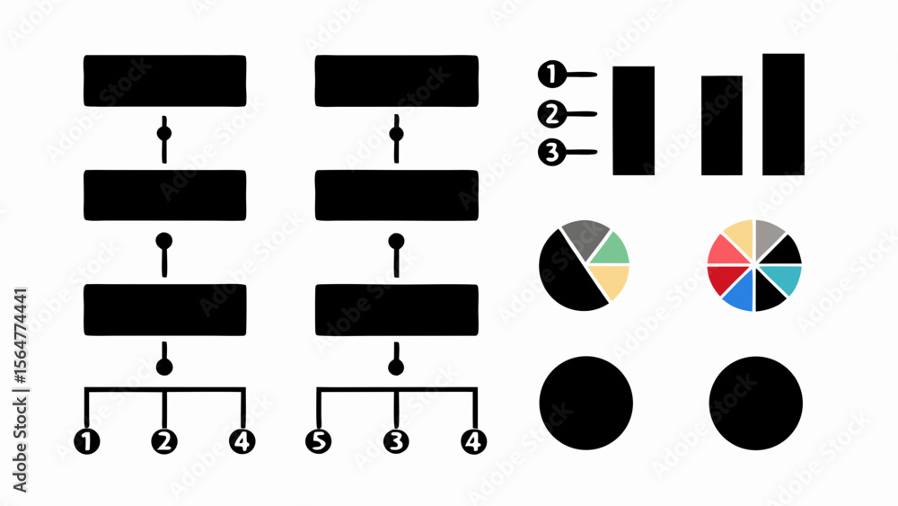 Illustration showing flowcharts, bar charts, pie charts, and numbered ...