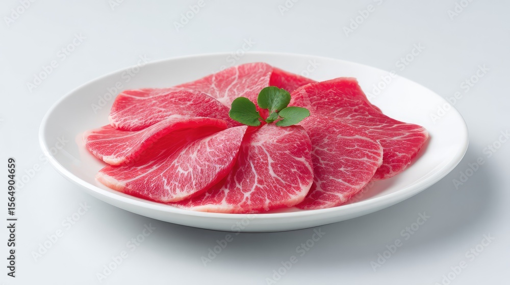 Thinly sliced beef for hotpot arranged neatly on a white plate ...