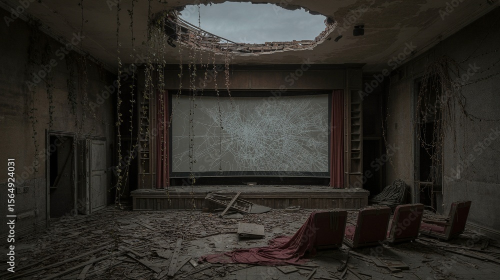 ภาพถ่าย Stock Cinema, Decayed Grandeur: Vines Enshroud an Abandoned ...