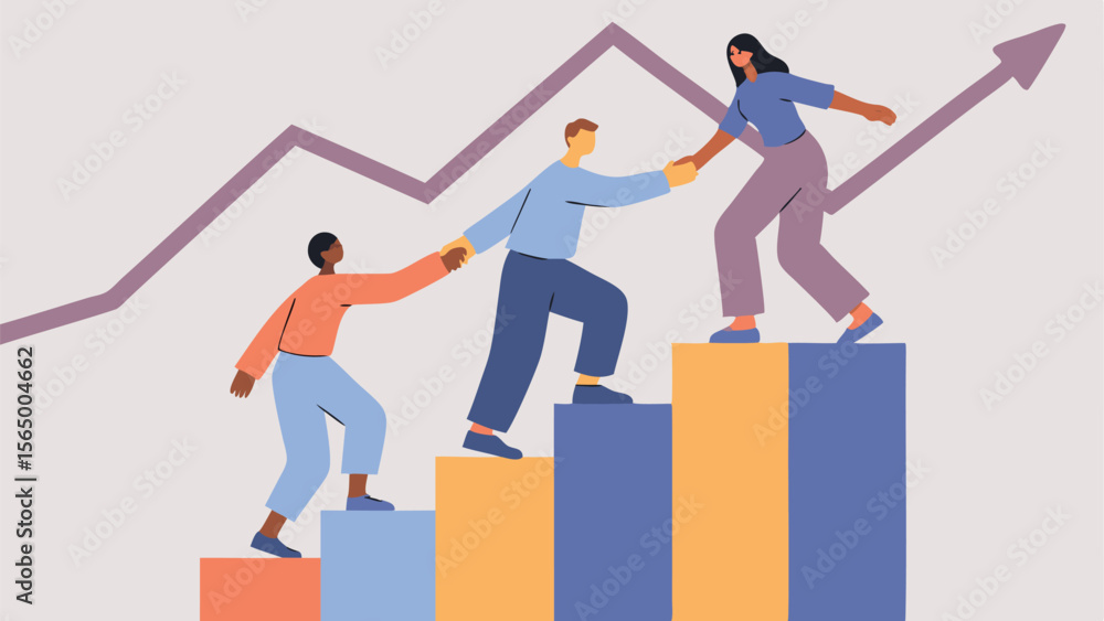 Three people helping each other climb up bar graph with an upward trend ...