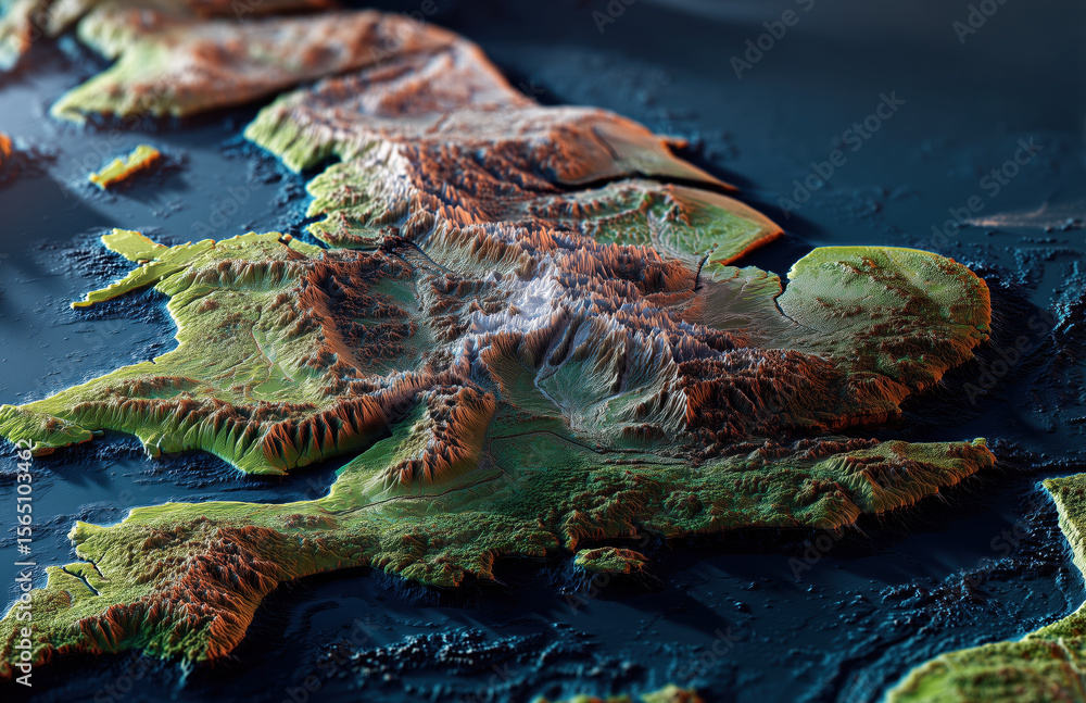 Realistic 3D terrain map of United Kingdom showing topography ...