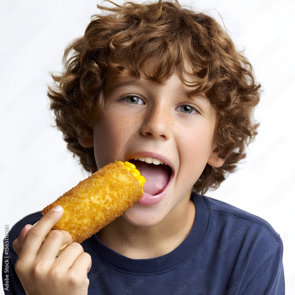 Young boy joyfully eating a crispy corn dog with a playful expression ...