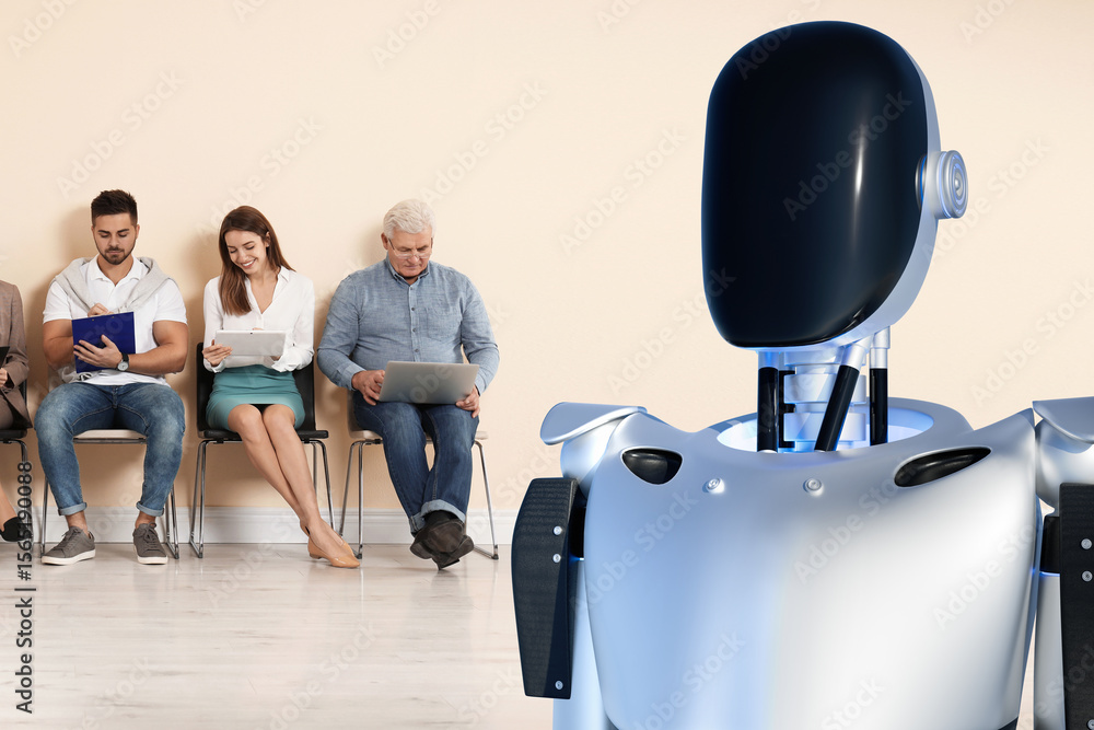Fotografie Robot recruiter and human candidates in room. Artificial ...