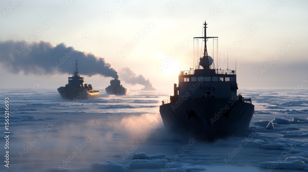 Support ship pushing through heavy ice with navy frigates behind, steam ...