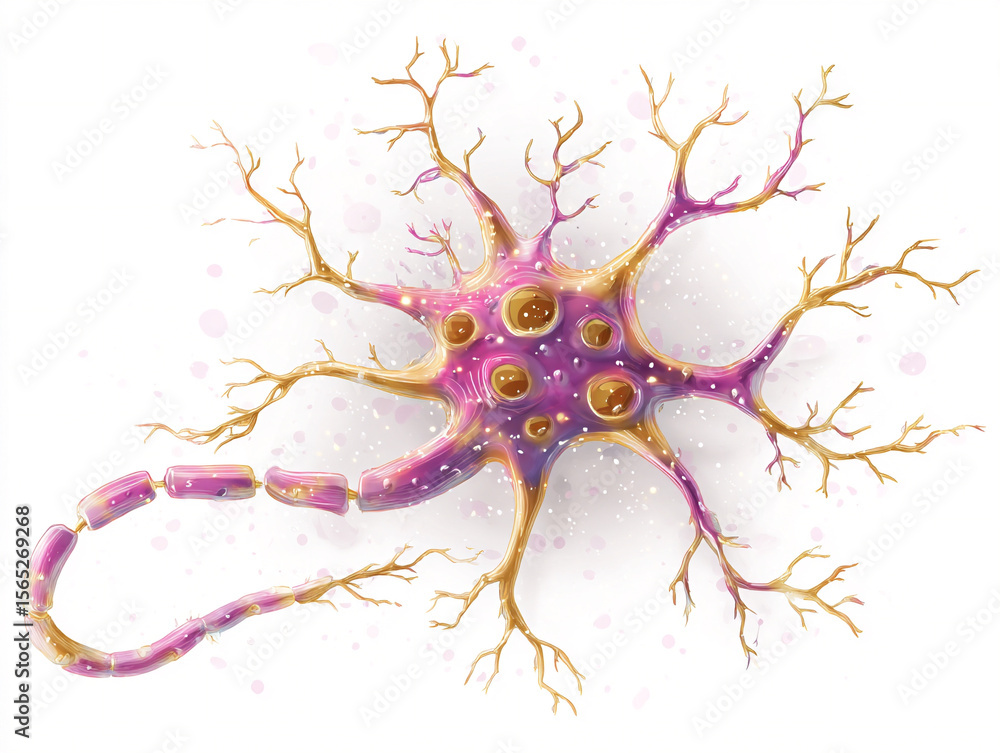 A vector illustration of a magnified nerve cell with glowing axons ...