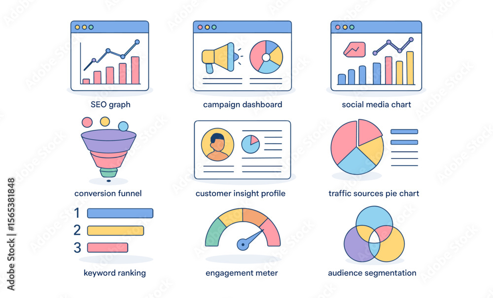 Stock-Vektorgrafik „SEO graph, campaign dashboard, social media chart ...