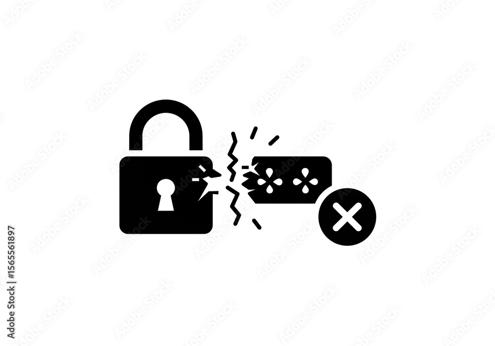 Broken padlock with password and cross symbol indicating security ...