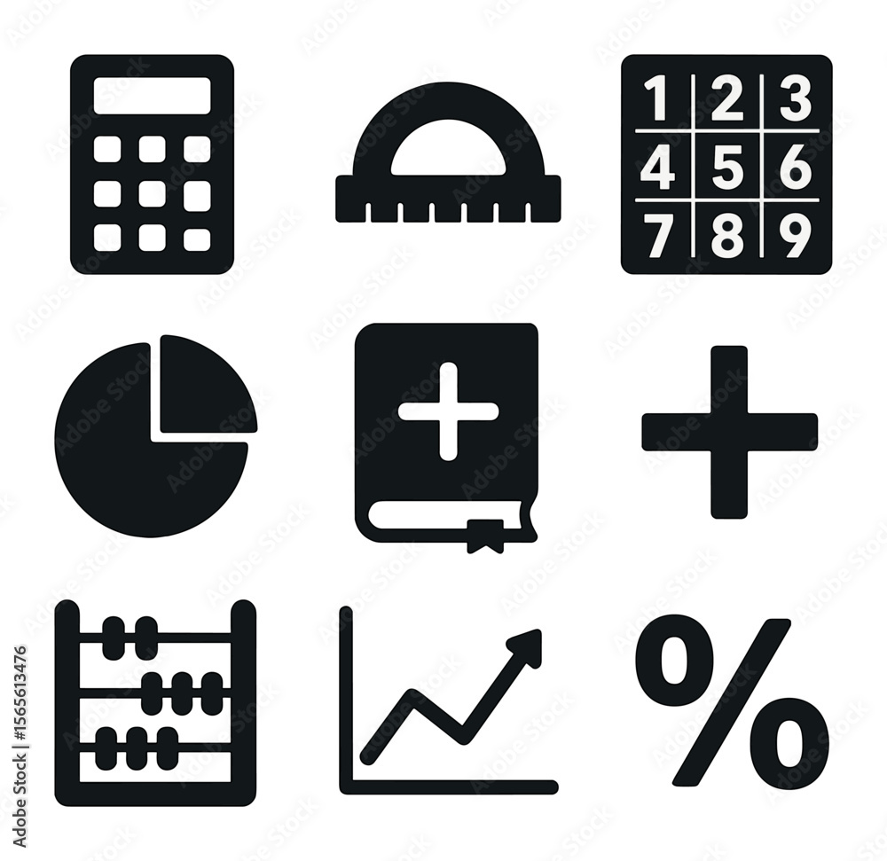 Math Education Icons. Solid, filled icons set of math education basics ...