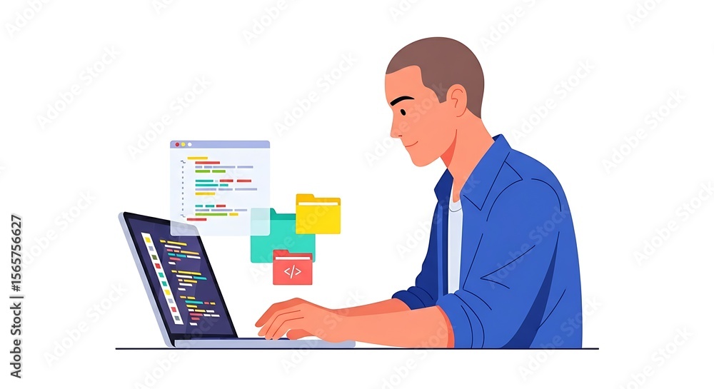 Man coding on a laptop with code displayed on the screen and floating folders next to the laptop ...