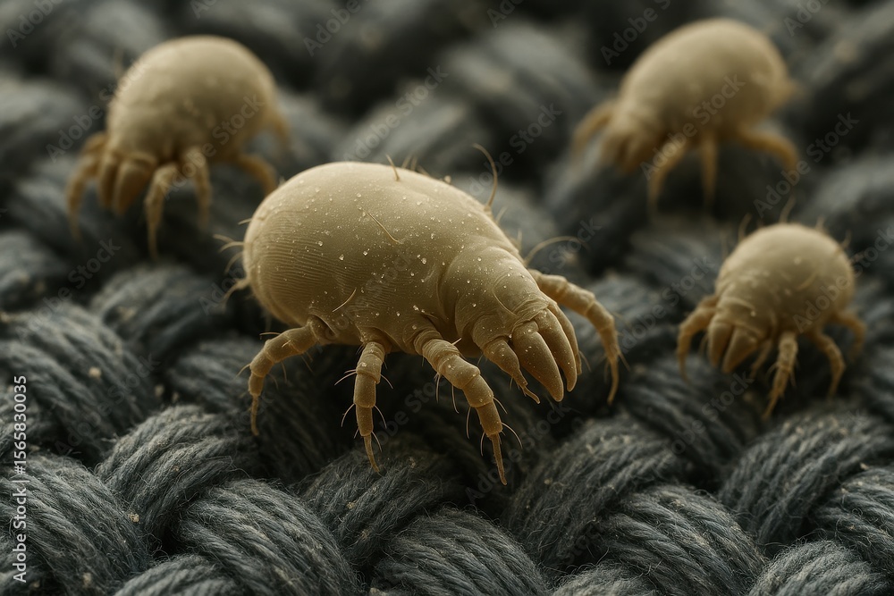 Macro photography of dust mites on fabric surface showing microscopic ...