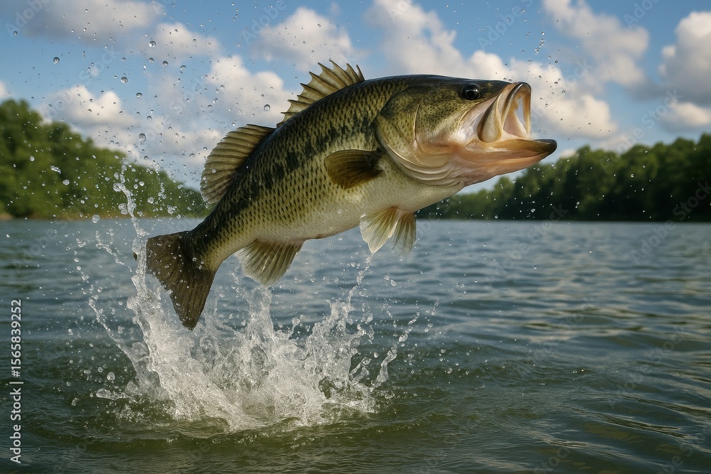 Largemouth bass leaping from crystal-clear lake water with dramatic ...