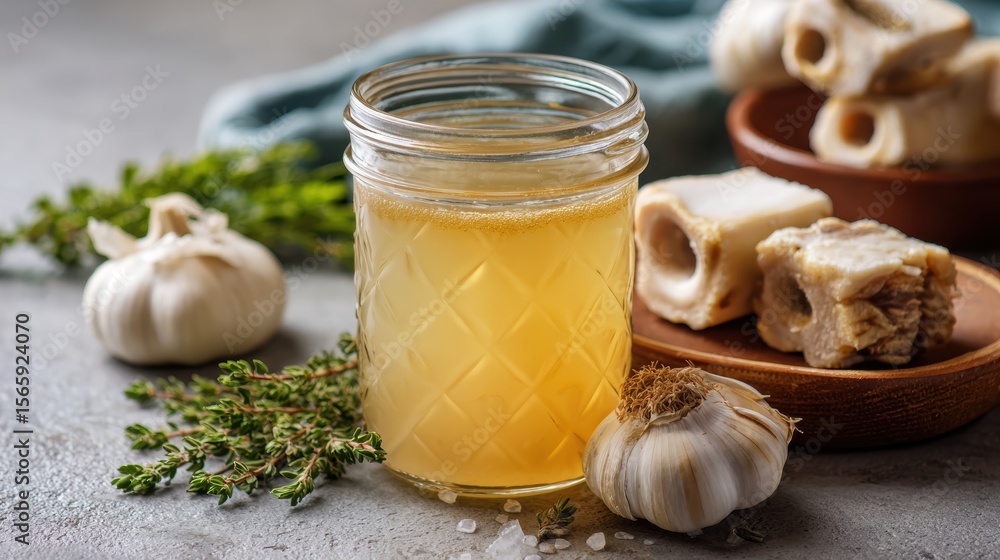 Benefits of Bone broth. A jar of broth surrounded by garlic and herbs ...