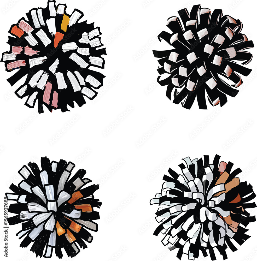 Cheerleader Pom-Poms Clipart Set - Outline, Silhouette and Color Stock ...