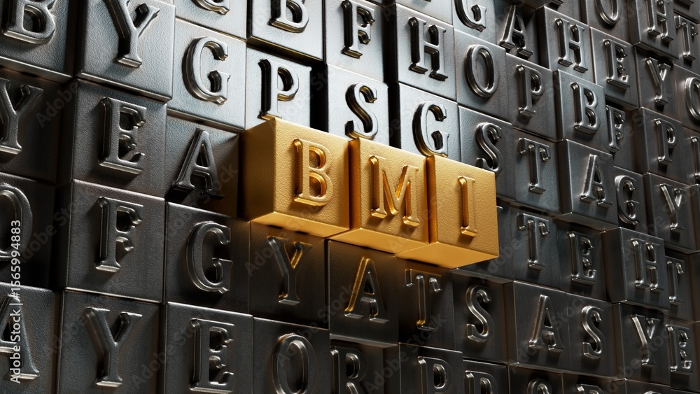Cubes form the expression "BMI" (Body Mass Index).3D rendering on gold ...