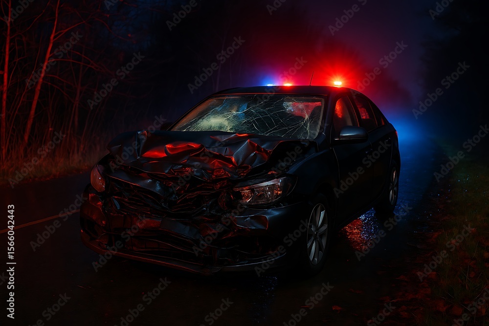 Nighttime scene of a car crash with a damaged sedan, police lights ...
