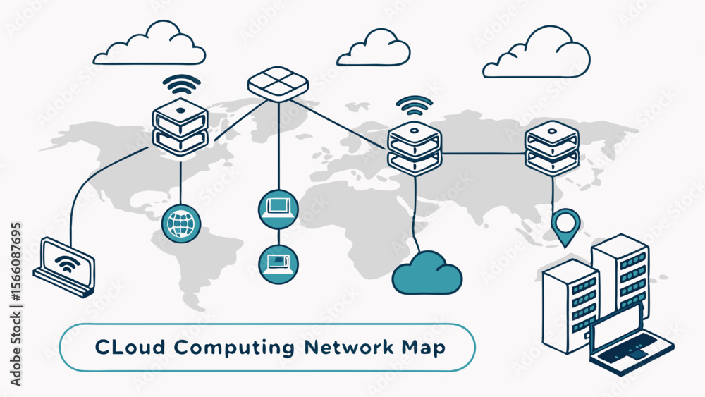 Global Cloud Computing Network Map Diagram. Data Centers, Servers, and Devices Connected ...