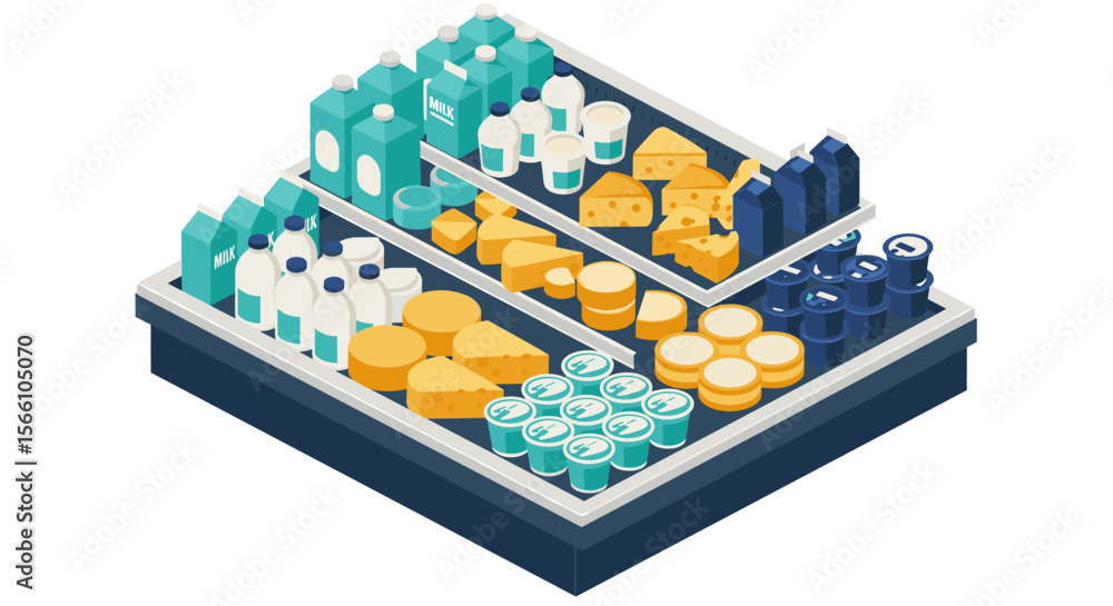 Isometric supermarket dairy section vector illustration for print and ...