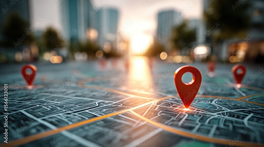 A city map with red location pins marking various points, symbolizing ...