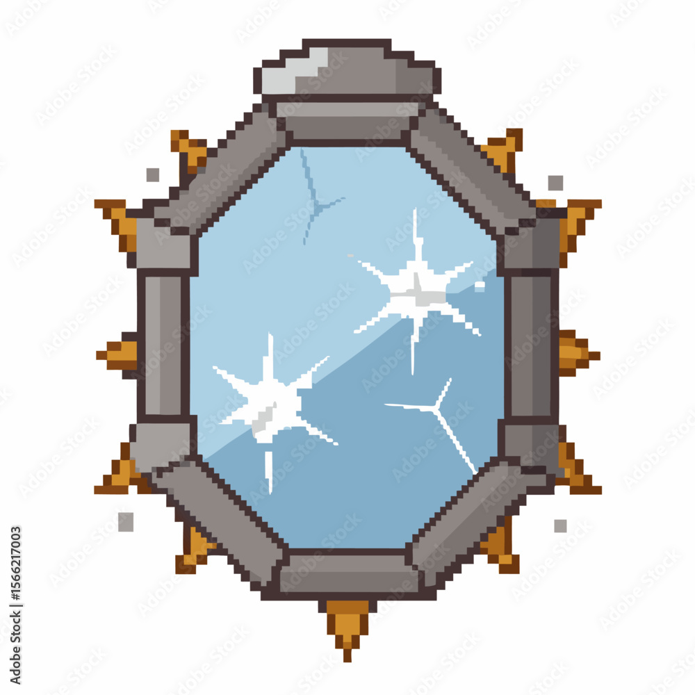 Pixel Art Broken Mirror with Cracks and Metallic Frame in Retro Video ...