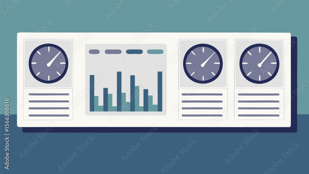 Dashboard panel showing three clocks and a bar graph for monitoring and ...