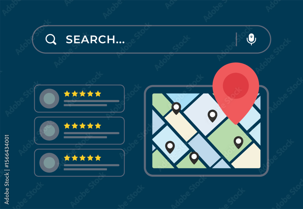 Online Map App Interface with Search Bar Location Pins and Five Star Ratings Dark Blue ...
