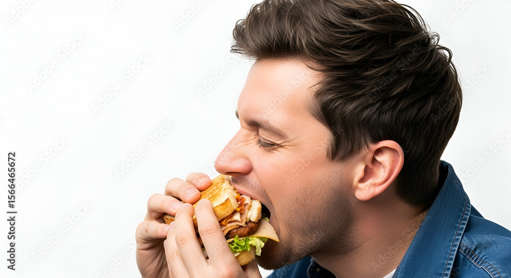 Side view close-up of a man biting into a thick sandwich. Clean ...