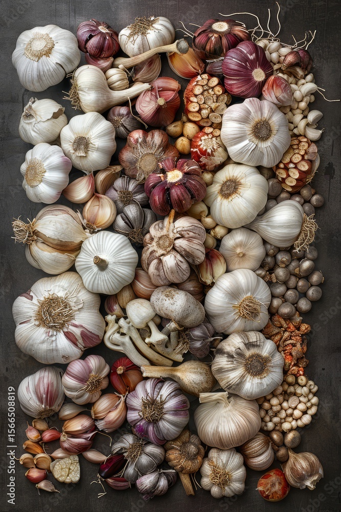 Different types of garlic are beautifully arranged, highlighting their ...