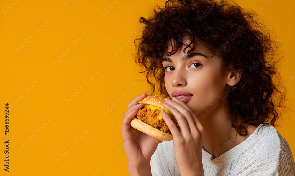 happy young adult woman looking and with a yummy face eating the fried ...