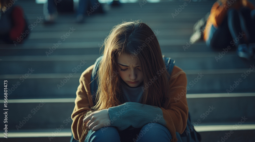 Sad teenage girl sitting alone on outdoor steps, feeling isolated from ...