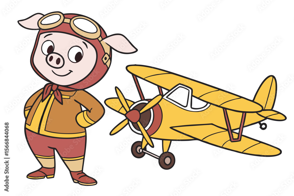 Vector cute Pig cartoon character, dressed as a pilot, standing next to ...