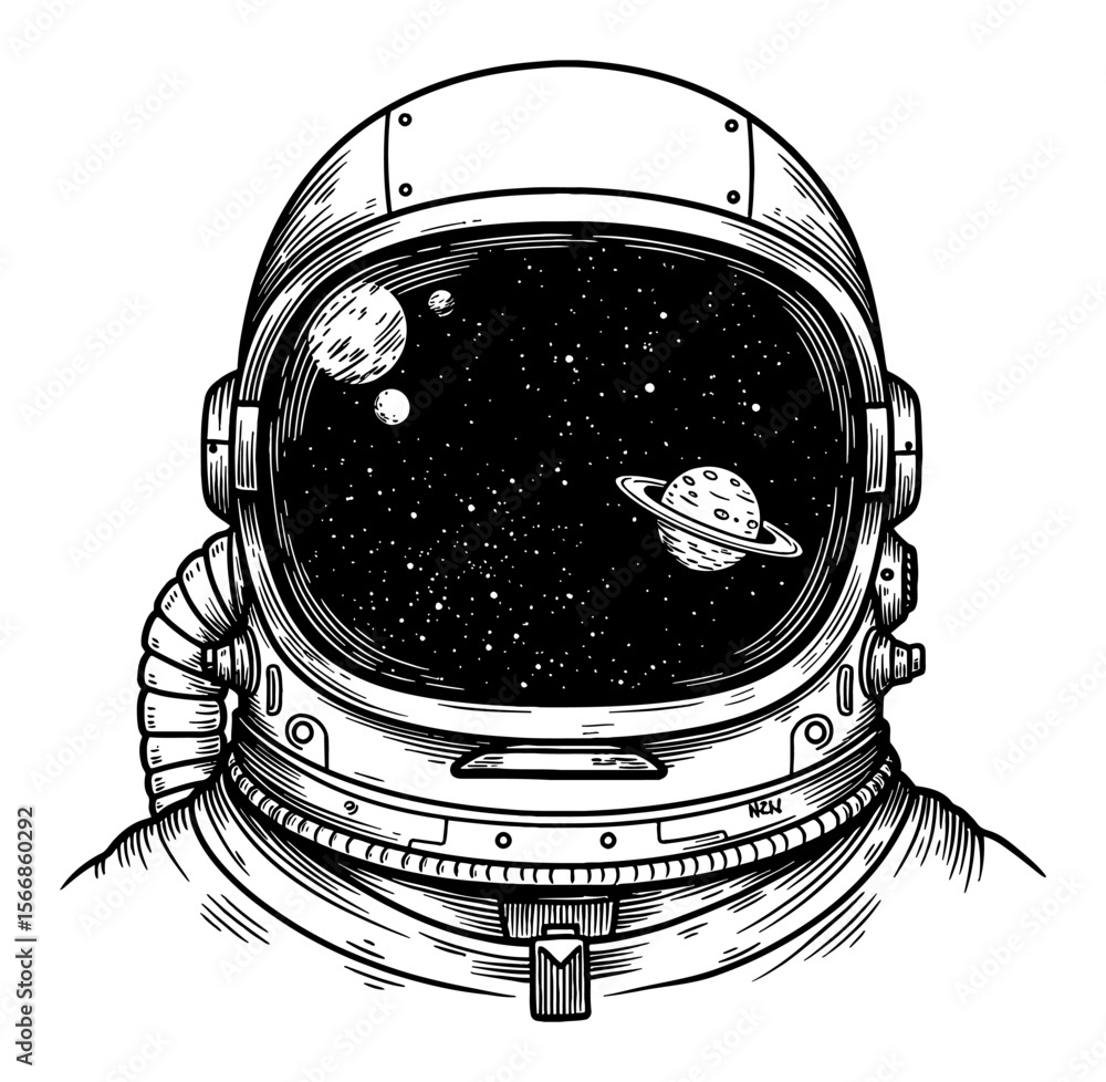 Astronaut Helmet with Space Reflection Cosmic Universe Black and White ...
