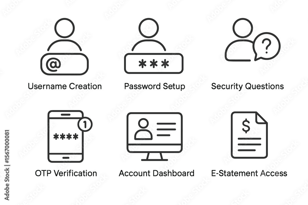 User account setup and security icons: username, password, security ...