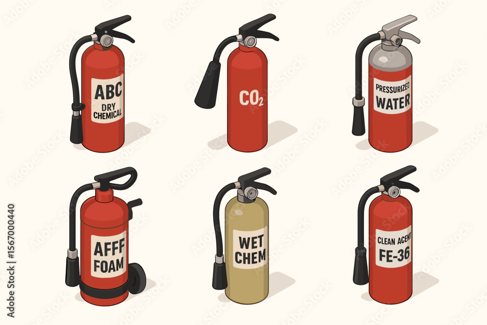 Vector de Stock Types of fire extinguishers: abc, co2, water, afff foam ...