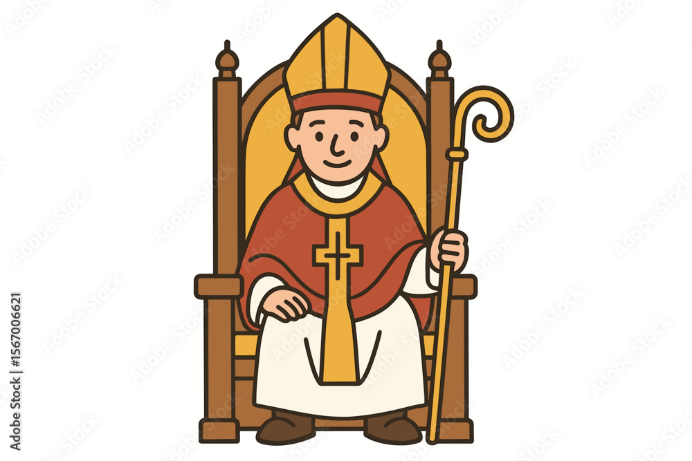 Cartoon bishop in vestments sitting on throne with staff vector icon ...