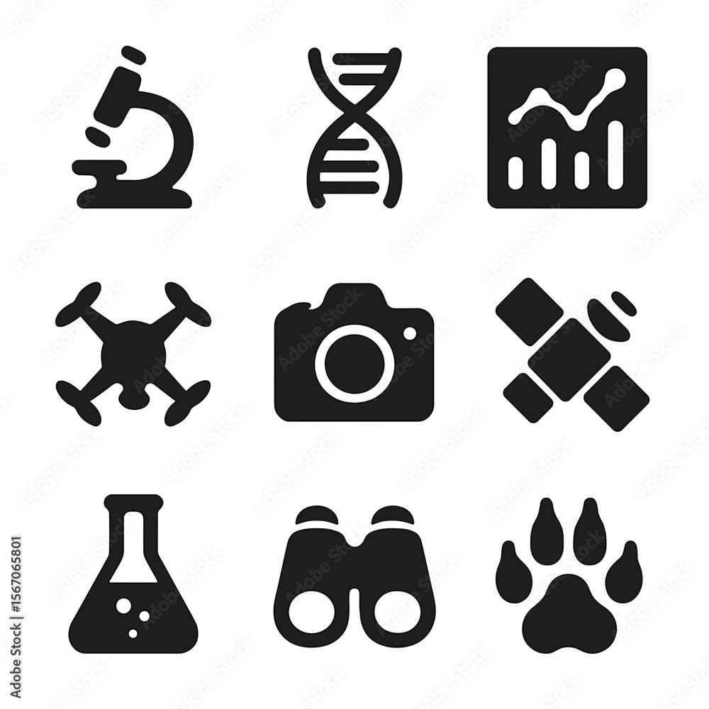 Biodiversity Monitoring Icons. Solid, filled icon set of biodiversity ...