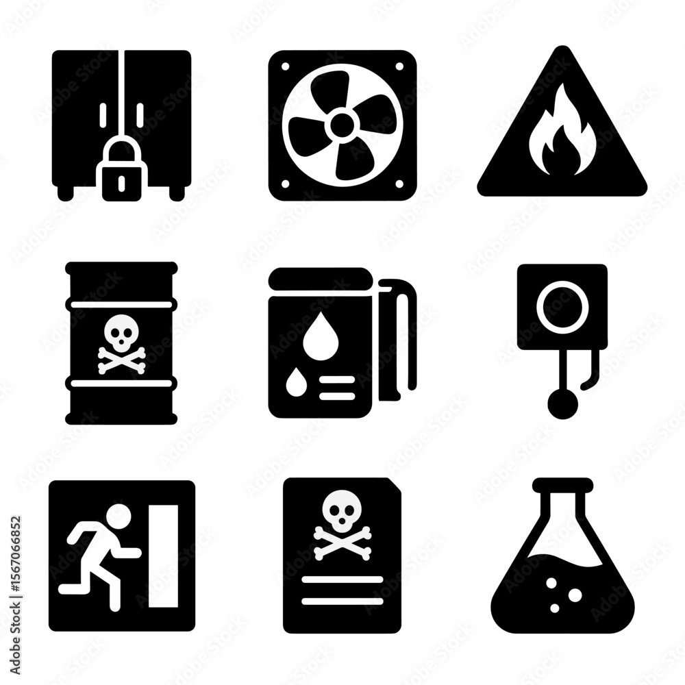 Chemical Safety Icons. Solid, filled icon set of chemical storage and ...