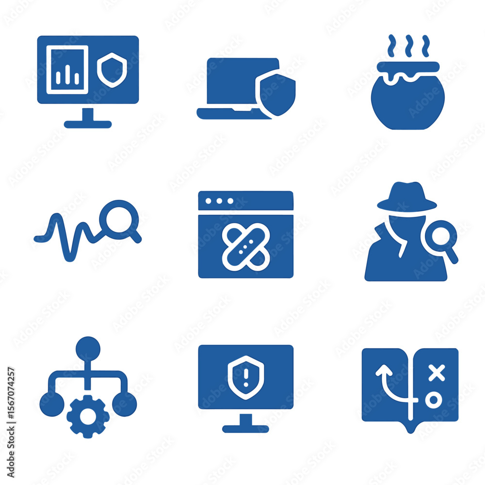 Blue Team Defense Icons. Solid, Filled icon set of blue team defenses ...