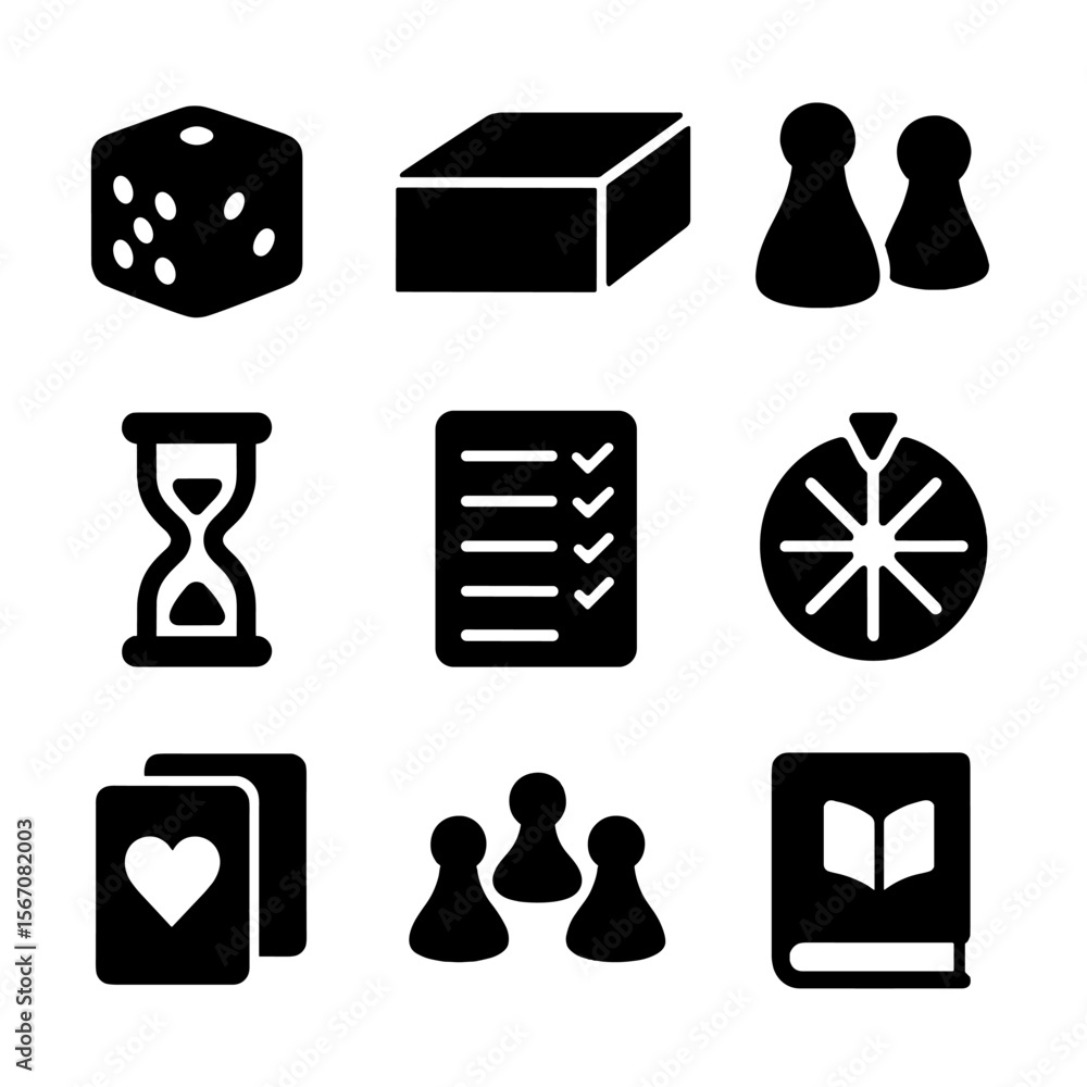 Family Game Night Icons. Solid, filled icon set of family board game ...