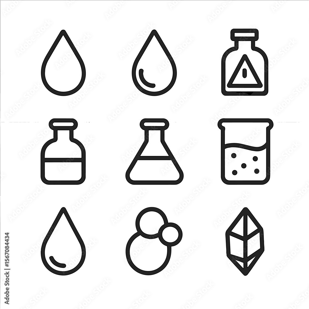 Liquid Icon Grid. Solid, filled icon set of liquid types: water drop ...