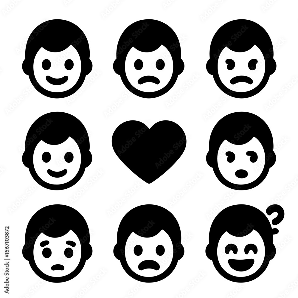 Youth Emotion Icons. Solid, filled icon set of youth emotions: happy ...
