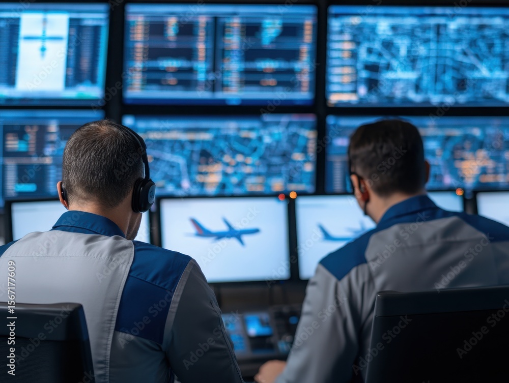 Foto de Stock Two air traffic controllers monitor multiple screens ...