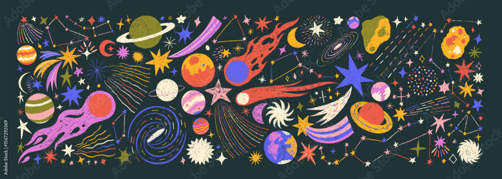 Funky crayon drawn planets, asteroids, stars and constellations. Doodle ...