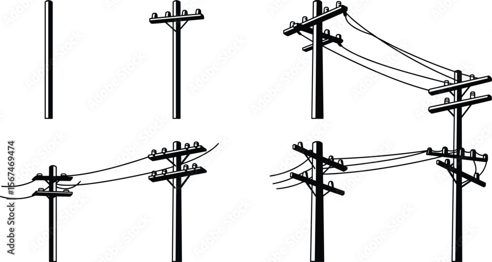 Utility pole evolution cad drawing flat vector illustration, five ...