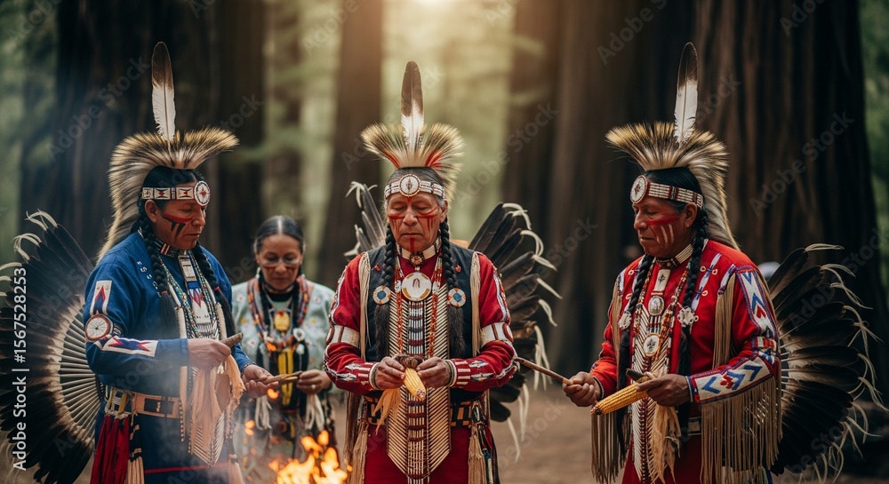 Indigenous people performing a sacred harvest ceremony with corn around ...