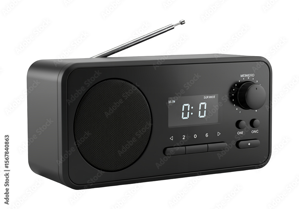 Modern black digital clock radio with extendable antenna isolated on ...