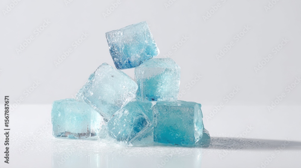 Mini Nugget Ice Maker style. Stack of blue ice cubes on a reflective ...